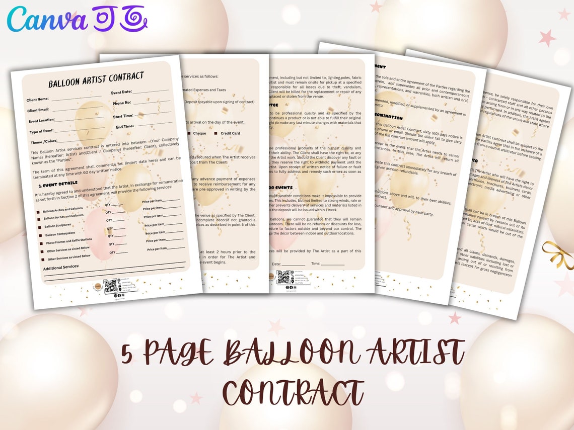 Editable Balloon Contract Printable Balloon Artist Contract Template ...