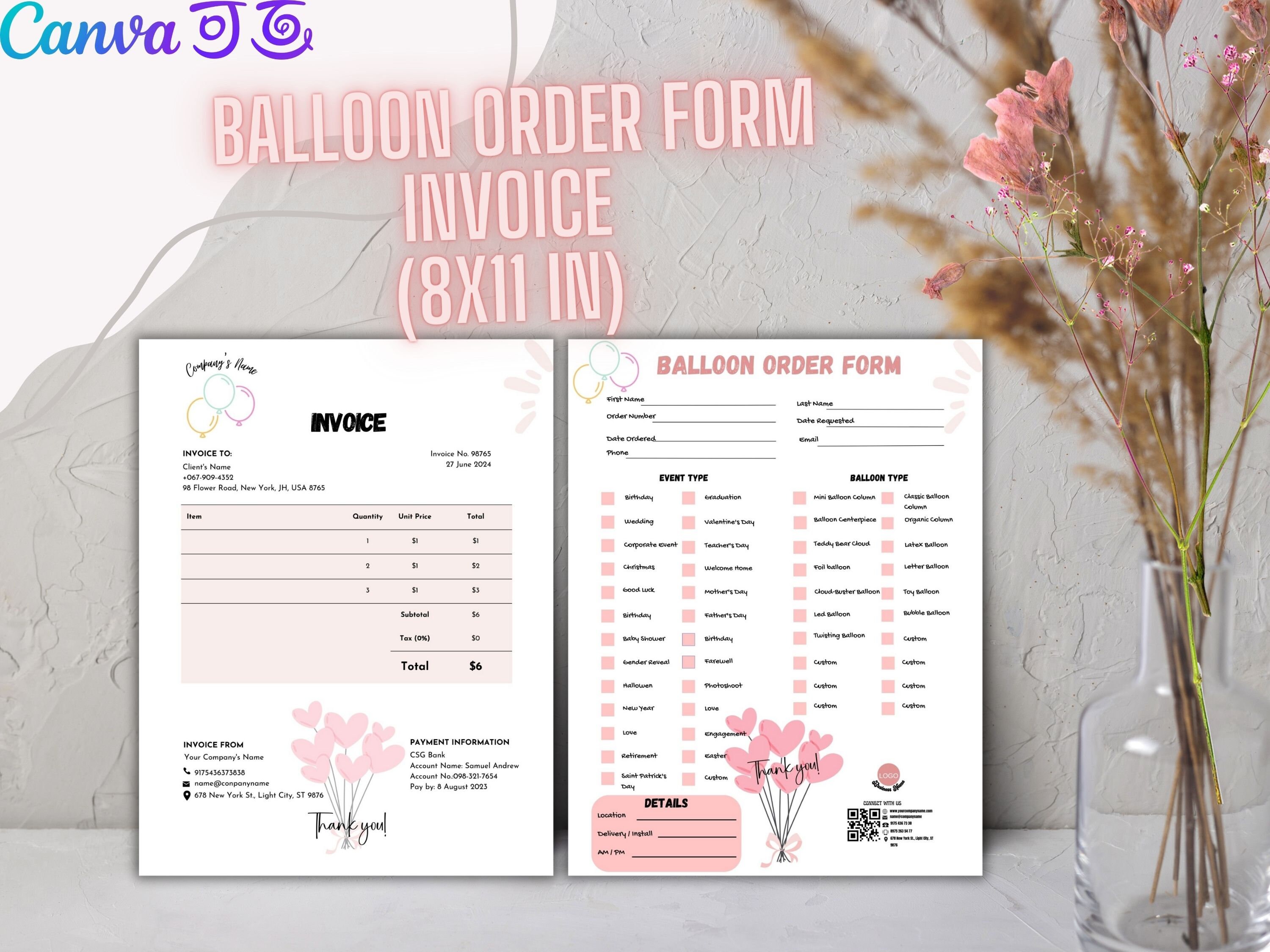Editable Balloon Order Form Balloon Invoice 2 Different Size Balloon Order Tracker Template ...