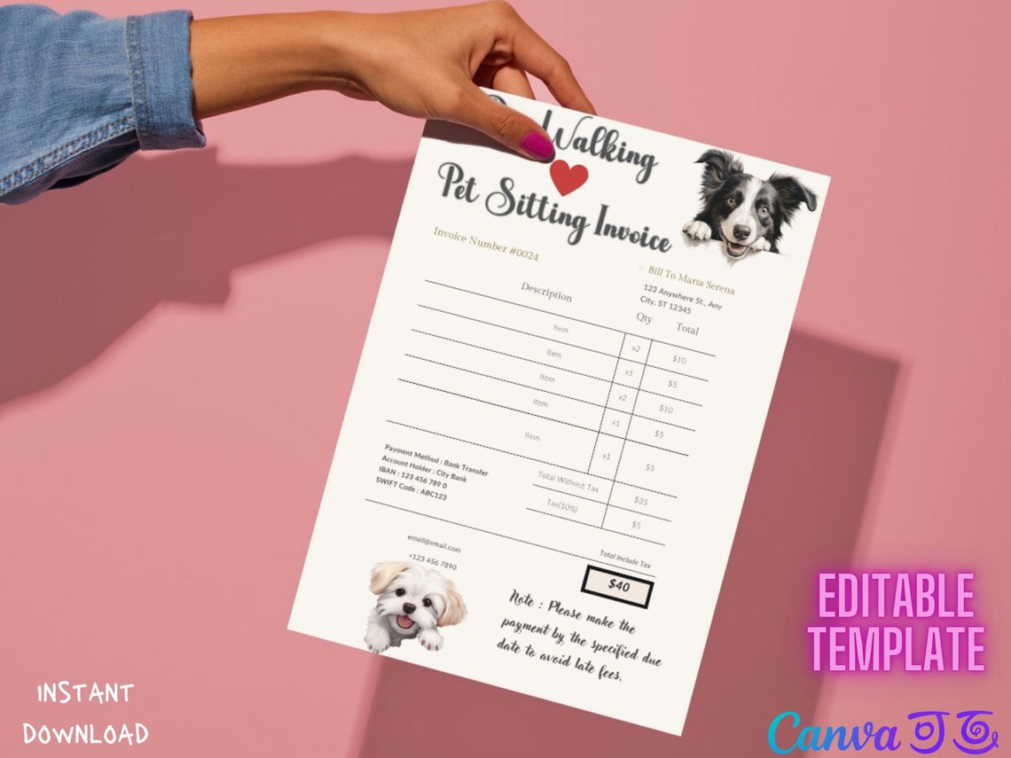 Pet Sitting Invoice Template for Dog Walking Pet Care Dog Grooming and ...