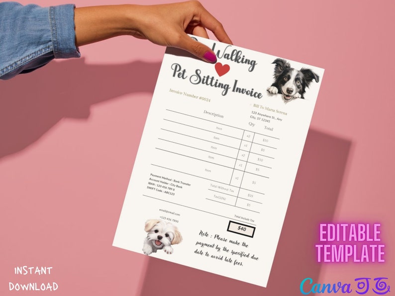 Pet Sitting Invoice Template for Dog Walking Pet Care Dog Grooming and ...