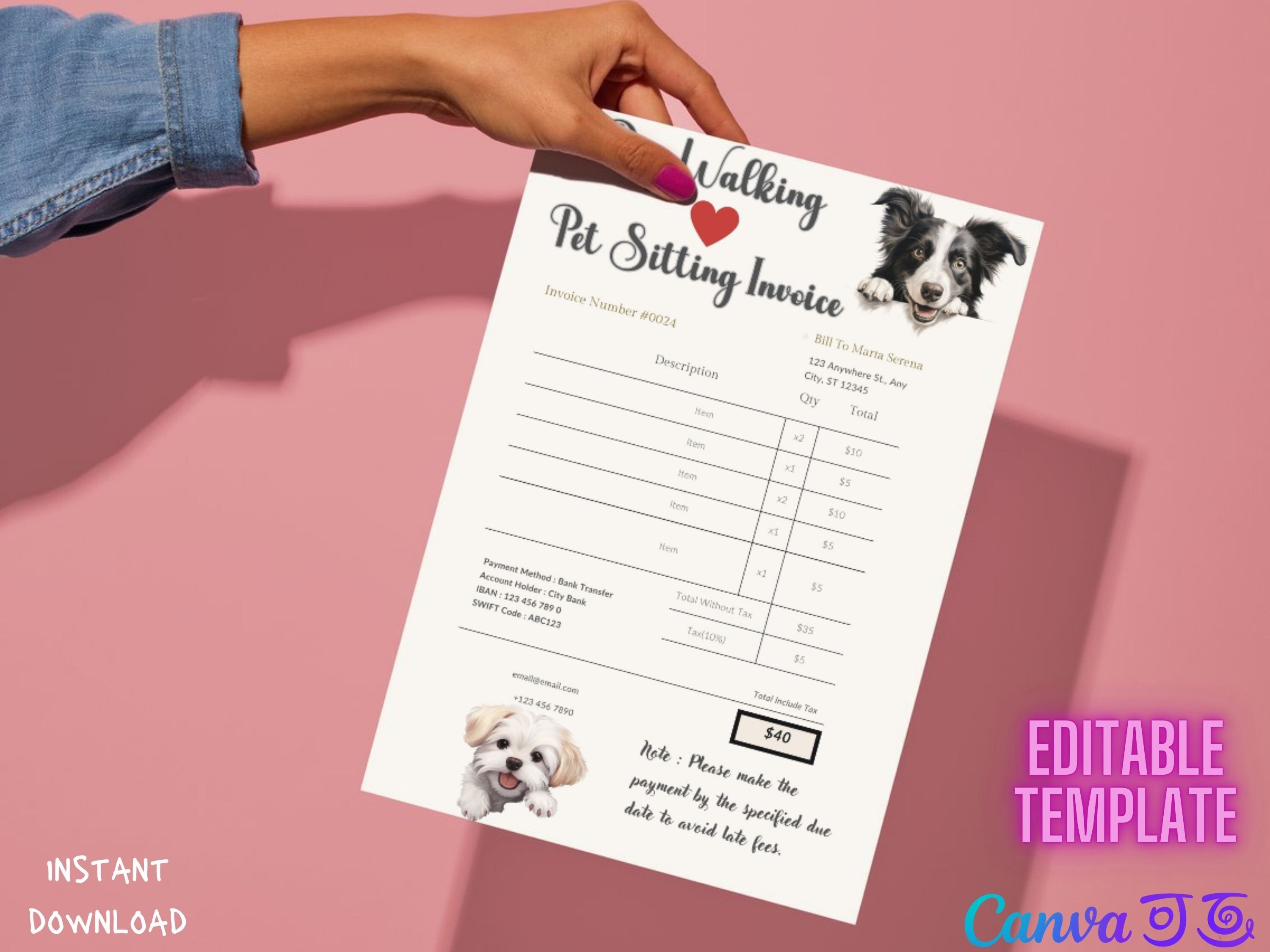 Pet Sitting Invoice Template for Dog Walking Pet Care Dog Grooming and ...
