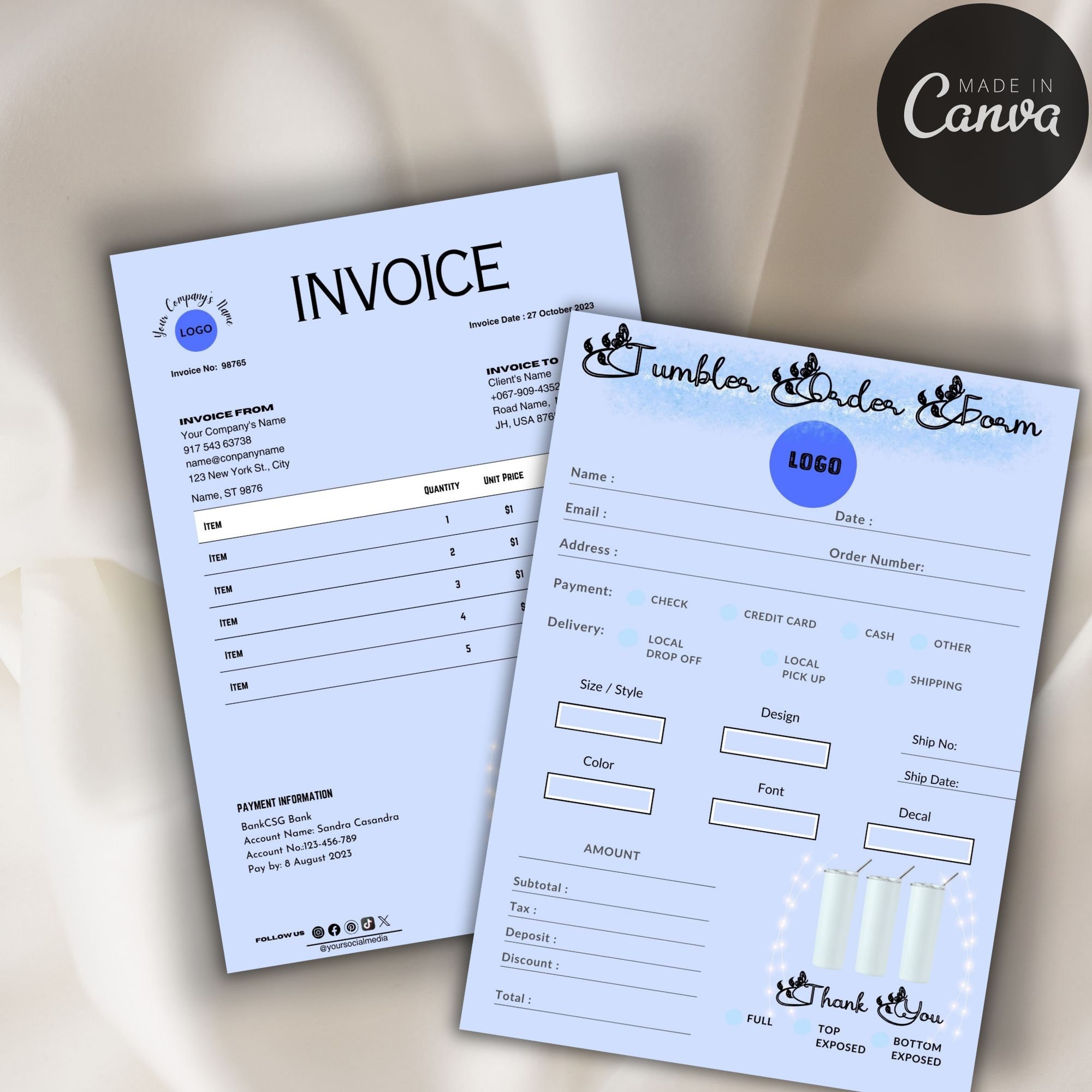Blue Editable Tumbler Order Form Template Small Business Forms Editable ...