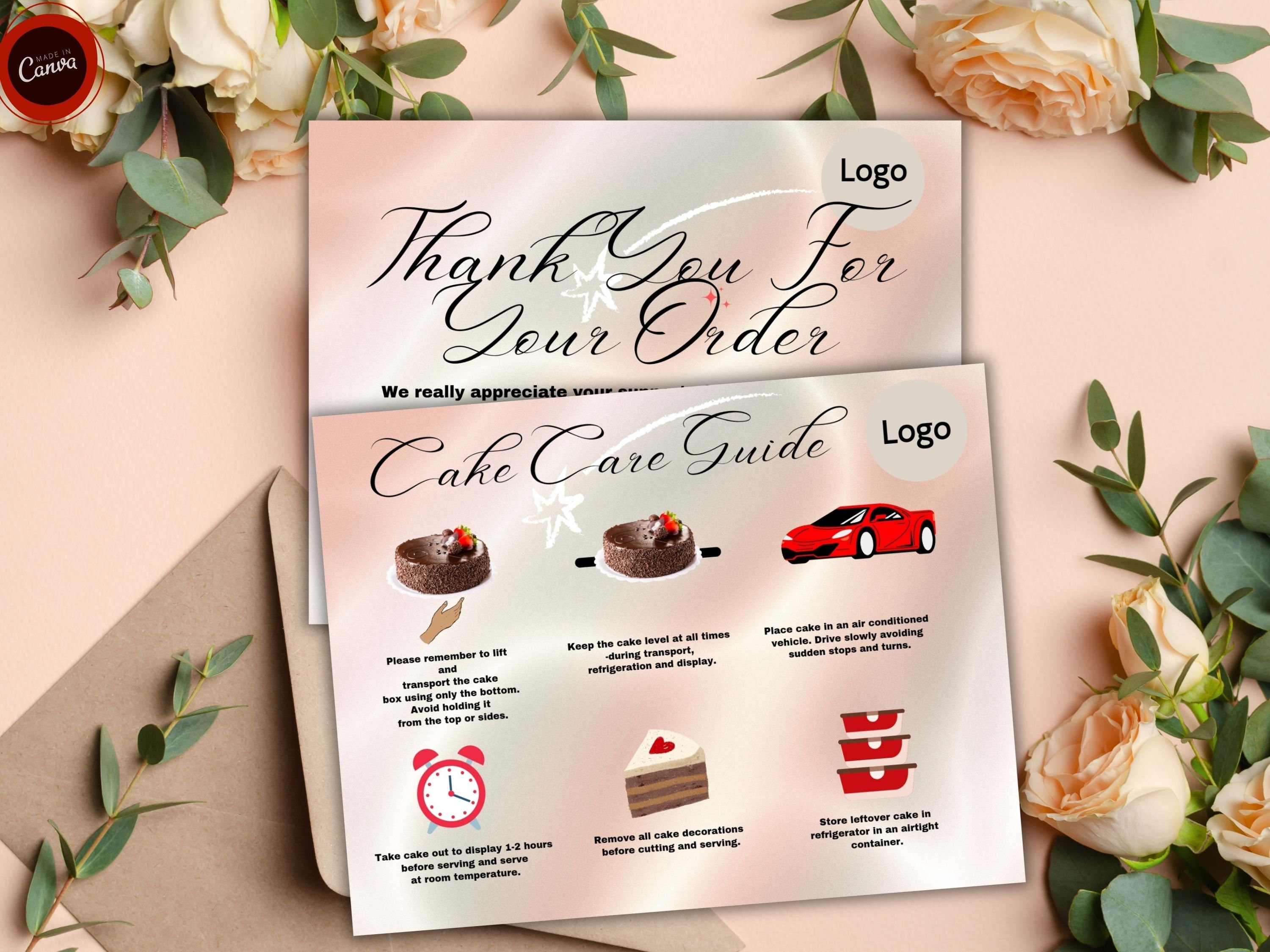 Editable Cake Care Card Template Cake Care Guide Thank You Card Bakery ...