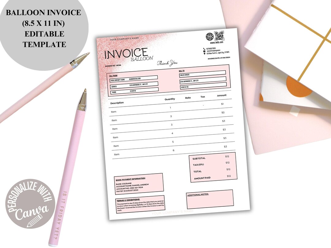 Balloon Business Invoice Template Editable PDF Customizable Balloon ...