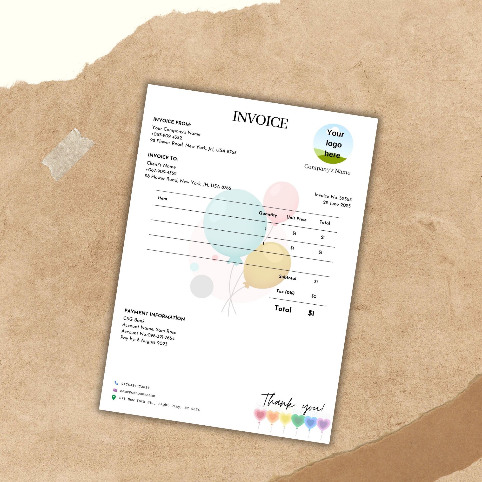 Balloon Invoice Template Receipt Template Business Template Printable ...