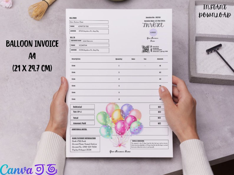 Balloon Invoice Template Receipt Template Business Template Printable ...