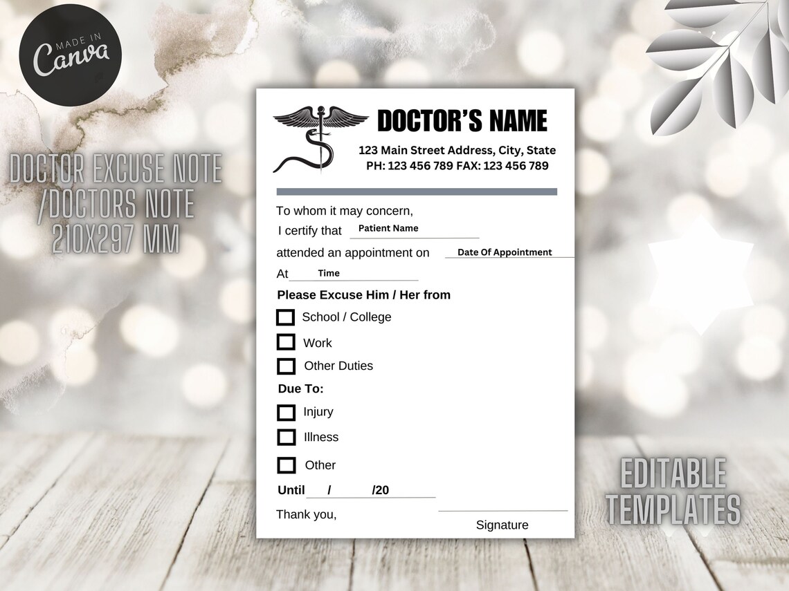 Editable Doctor Excuse Note for Work Doctor Excuse Letter Form Doctor's ...