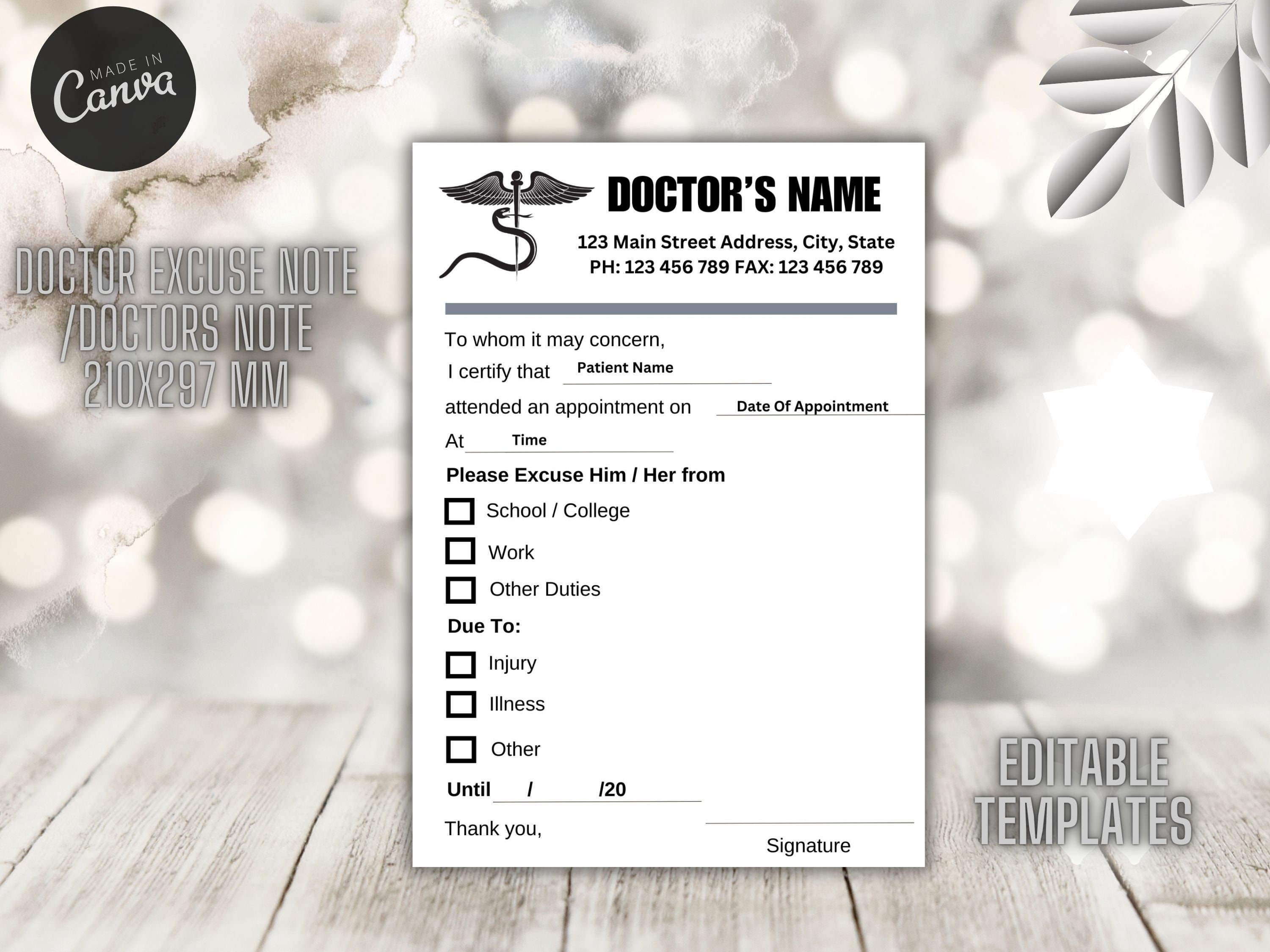 Editable Doctor Excuse Note for Work Doctor Excuse Letter Form Doctor's ...