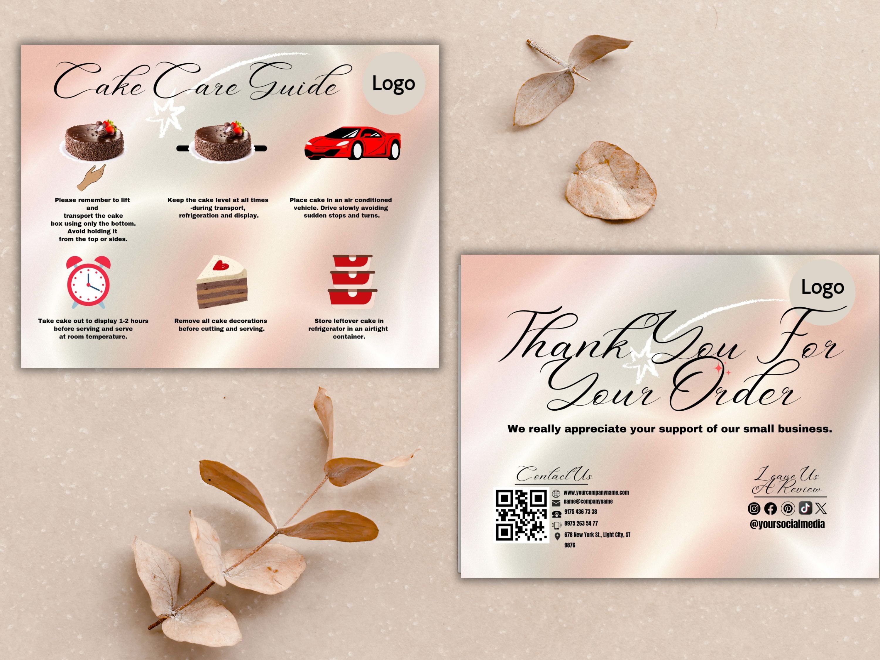 Editable Cake Care Card Template Cake Care Guide Thank You Card Bakery ...