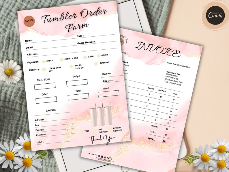 Tumbler Order Form Tumbler Invoice Cup Order Form Sublimation Tumbler ...