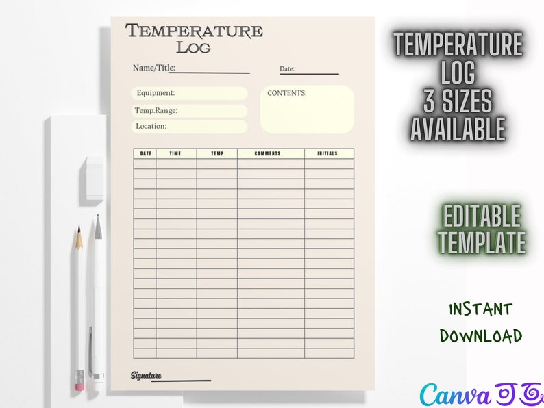 Temperature Log Printable Temperature Tracker Printable Editable Temp ...