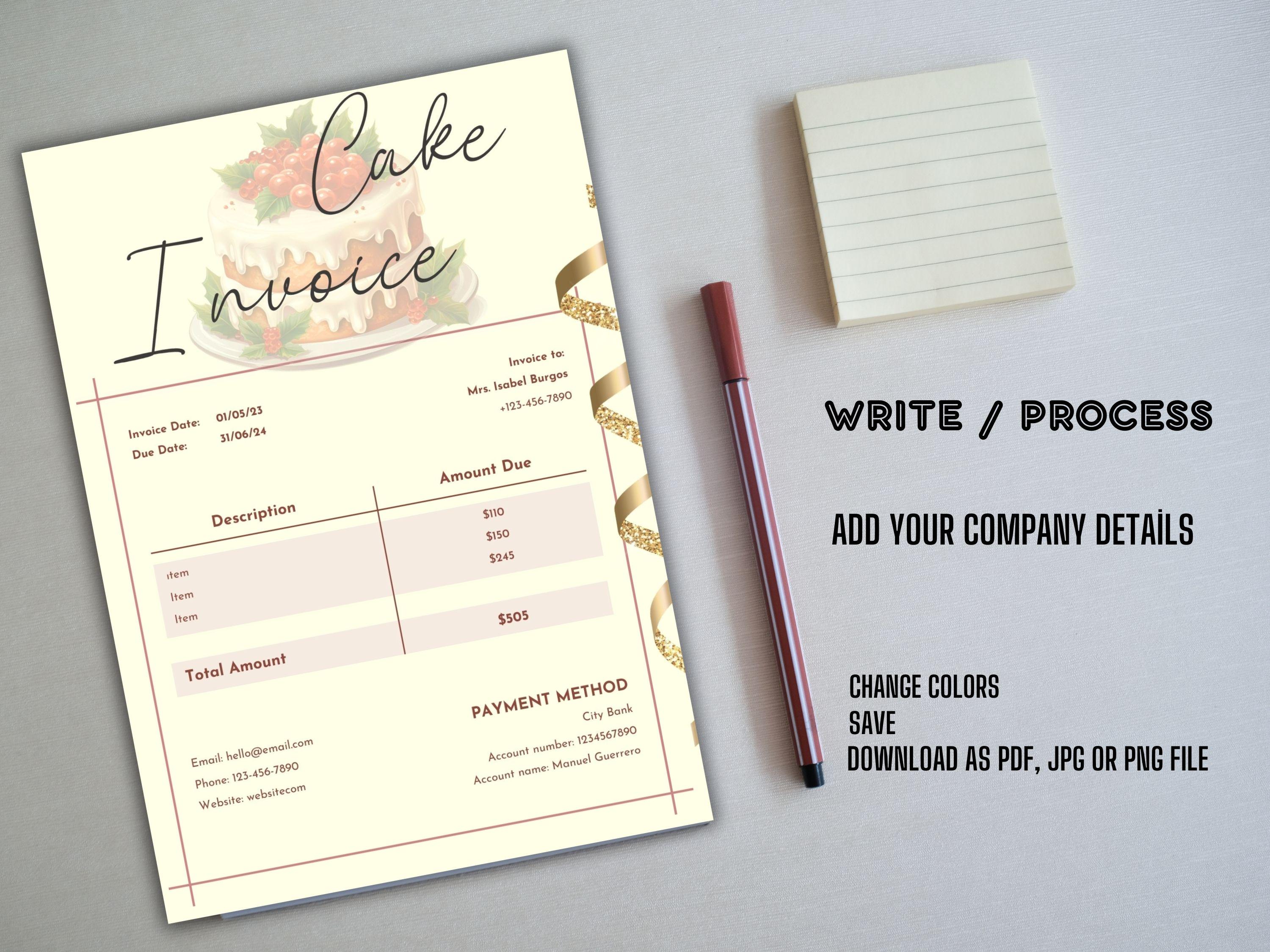 Cake Invoice Template Editable, Custom Order Form Printable for Small ...