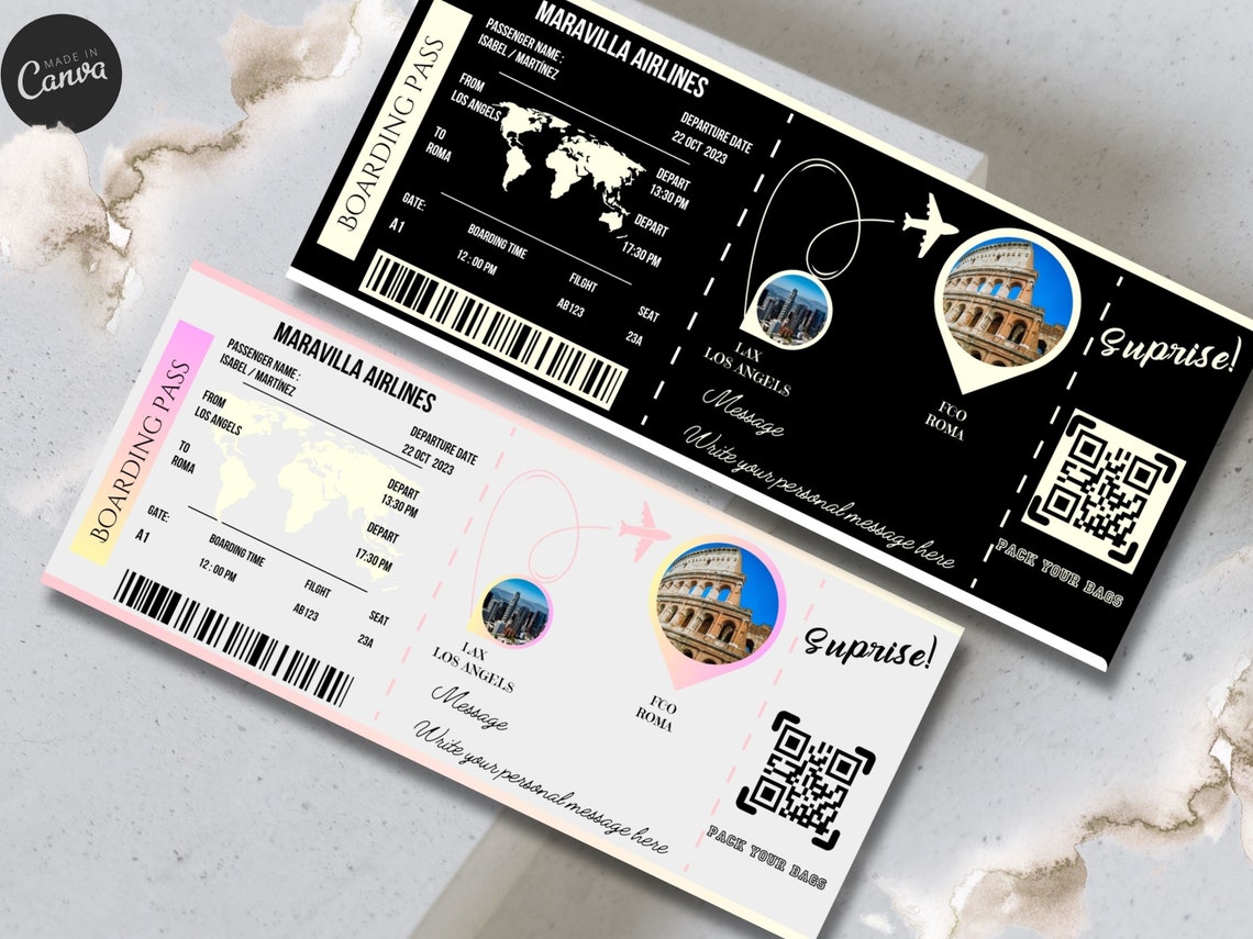 Editable Boarding Pass Template Canva Boarding Pass Surprise Trip ...