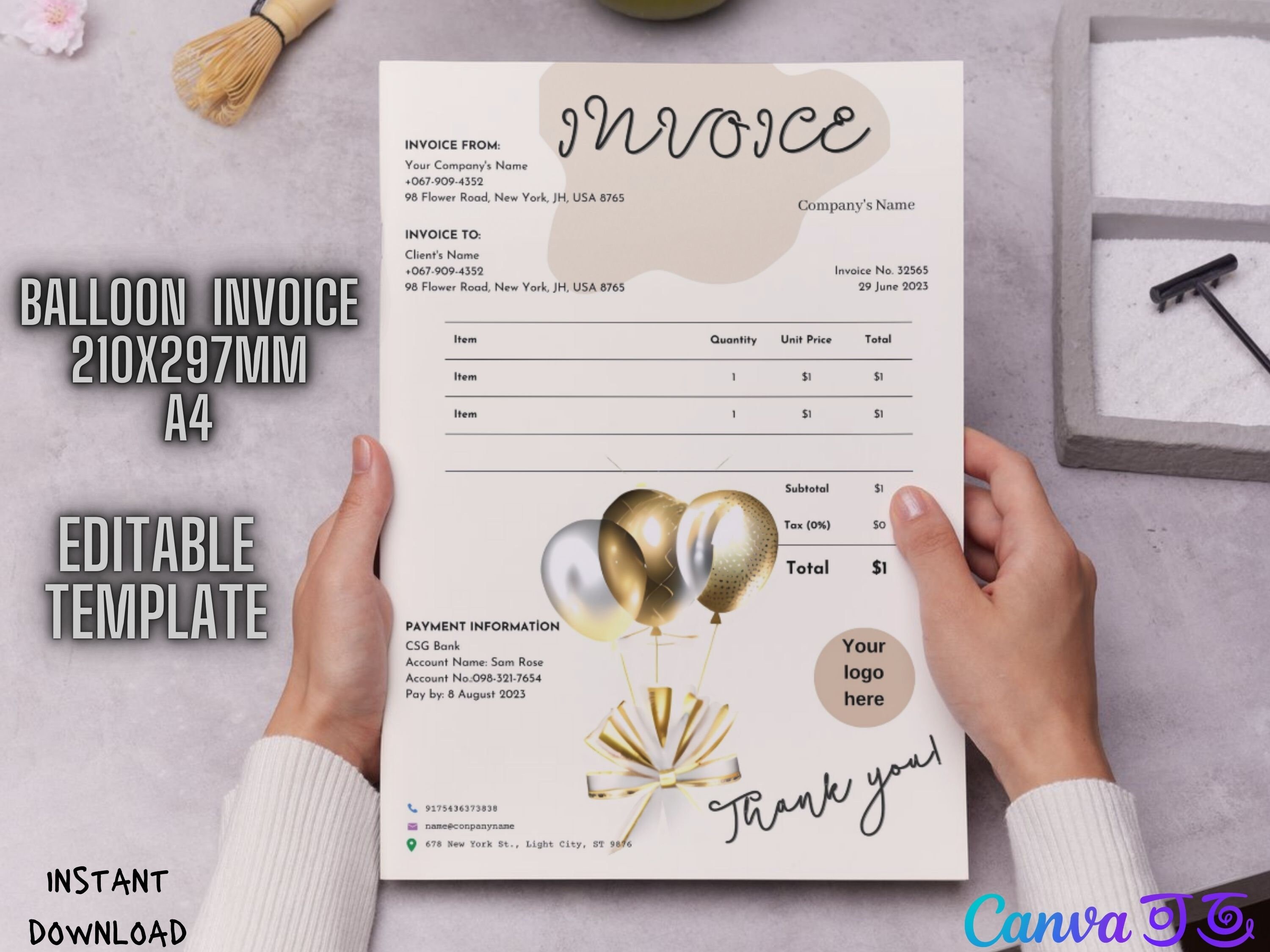 BALLOON INVOICE TEMPLATE Editable Word Balloon Garland Invoice Document ...
