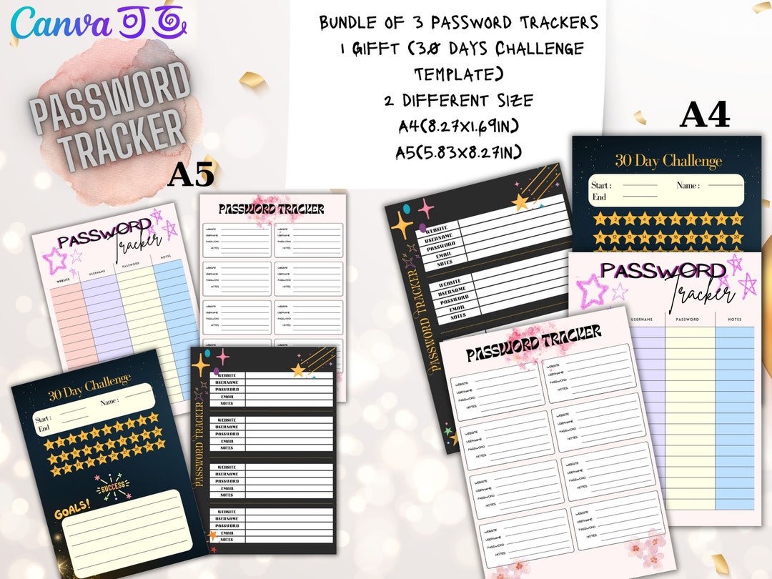 Printable 3 Password Trackers With 30 Day Challenge Password Keeper ...