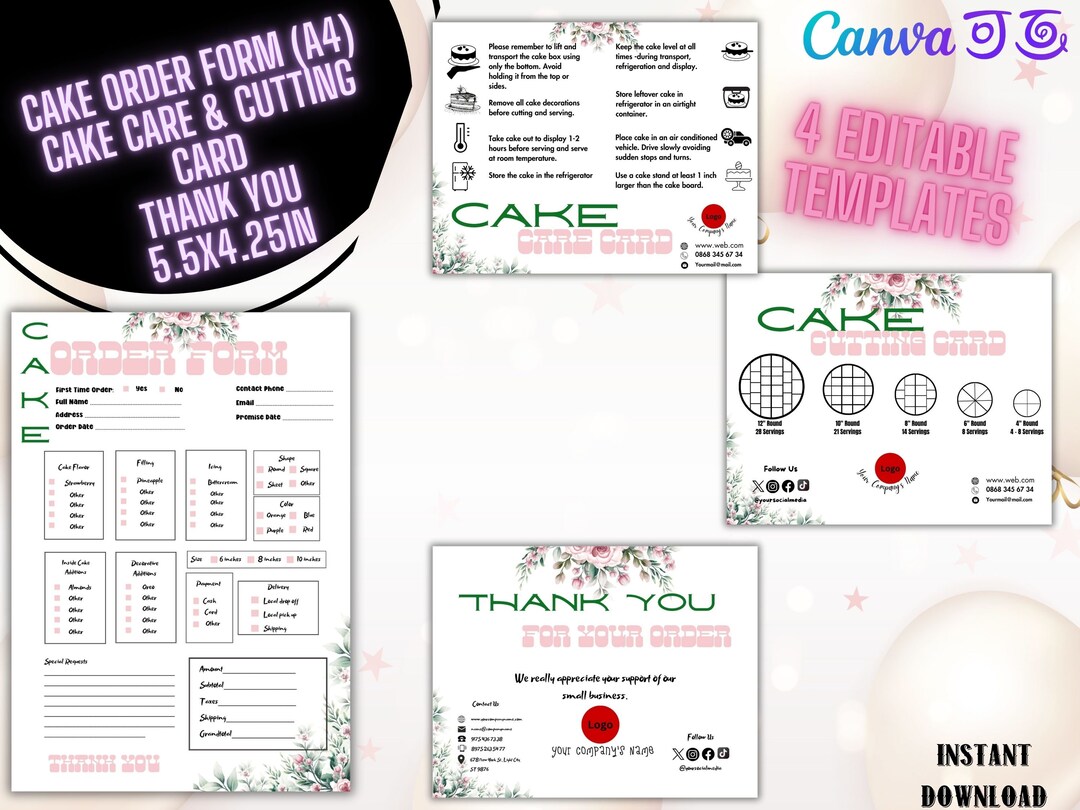 Cake Order Form Bakery Care Card Cake Care Card Cake Cutting Card Thank ...