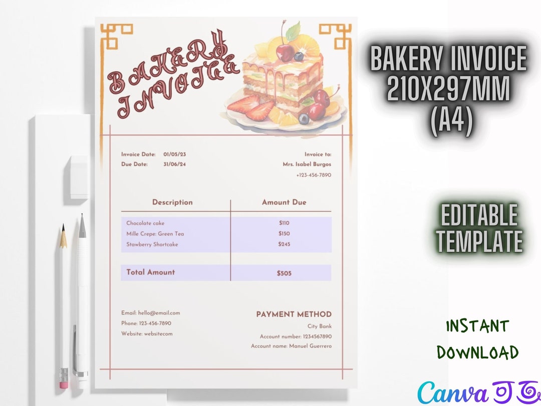 Bakery Invoice Editable Cake Invoice Template DIY Edit Business Invoice ...