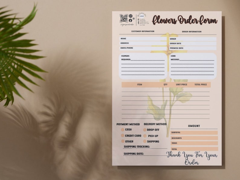 EDITABLE FLORIST ORDER Form Wedding Flowers Printable Flowers Order ...