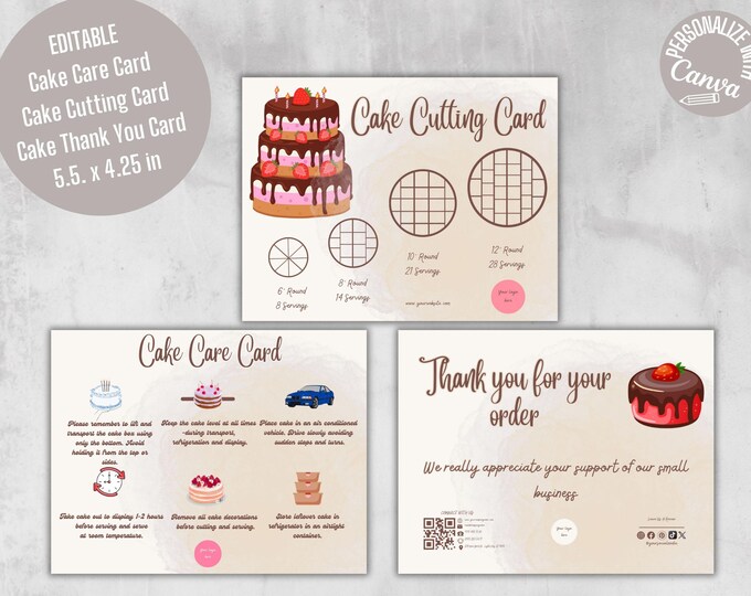Cake Care Card, Cake Care Instructions, Cake Cutting Guide, Printable ...