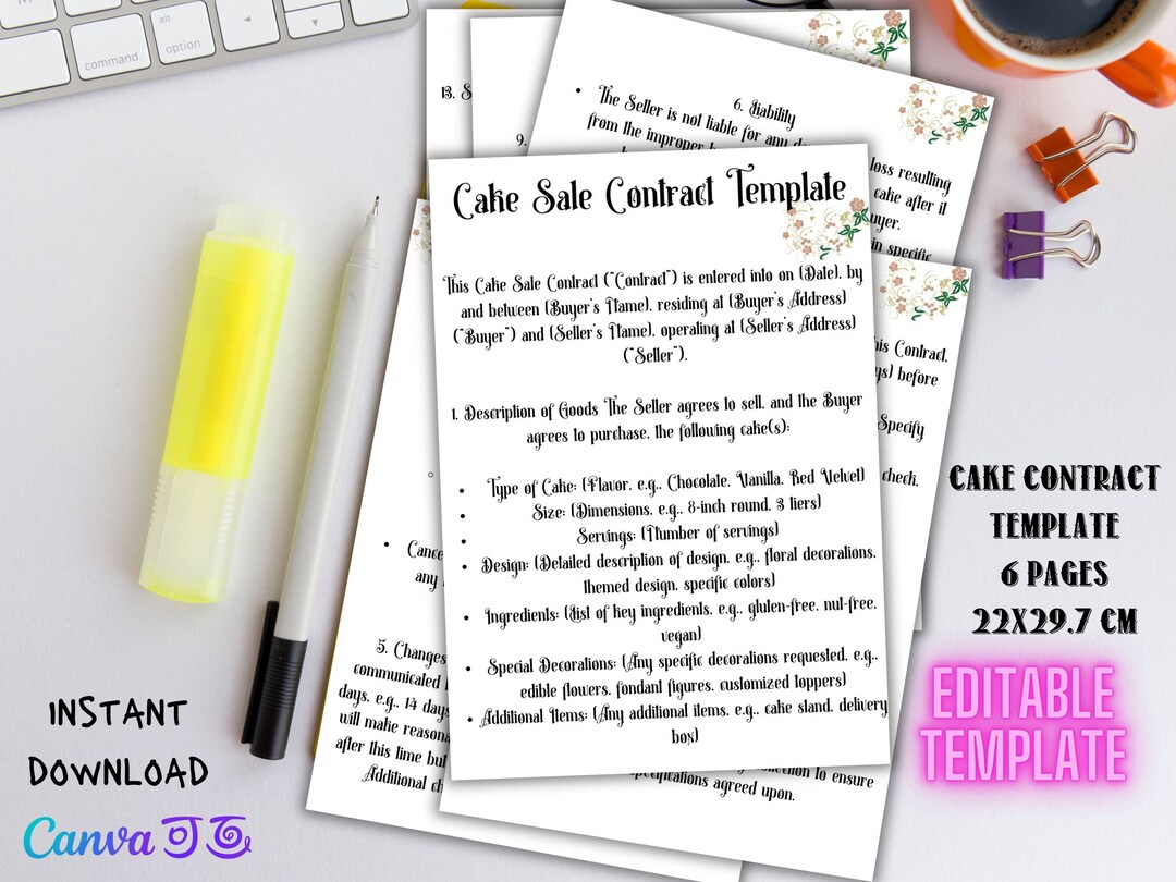 Cake Contract Template Bakery Contract Editable Cake Order Form Service ...