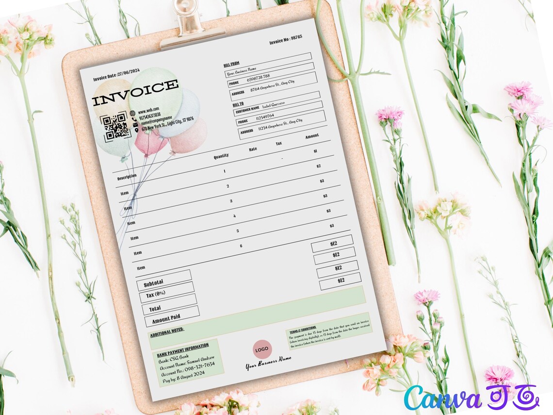 Editable Balloon Invoice Template Balloon Business Forms Balloon ...