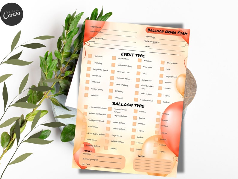 Editable Balloon Order Form Party Balloons Order Sheet Balloon Garland ...