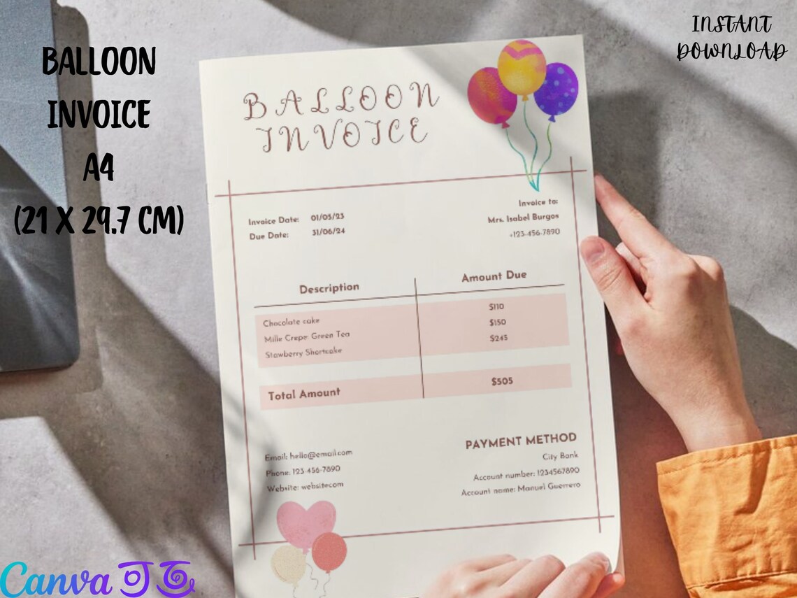 Balloon Invoice Template Receipt Template Business Template Printable ...