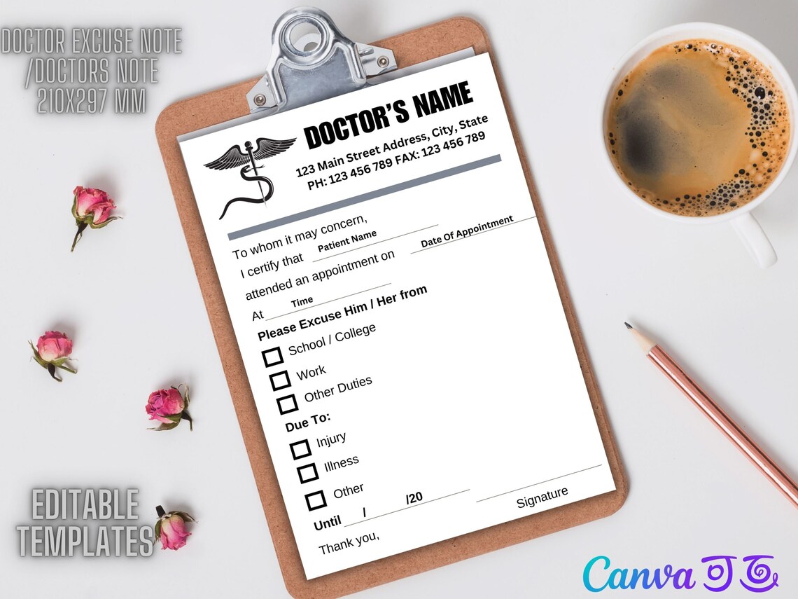Editable Doctor Excuse Note for Work Doctor Excuse Letter Form Doctor's ...