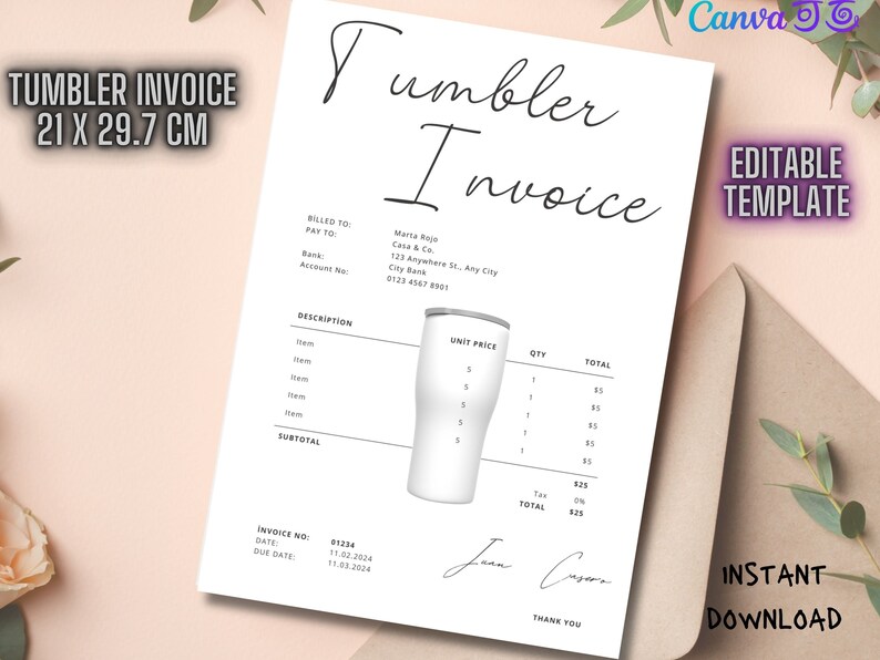 Printable Tumbler Invoice Template Editable Cup Invoice Sublimation ...