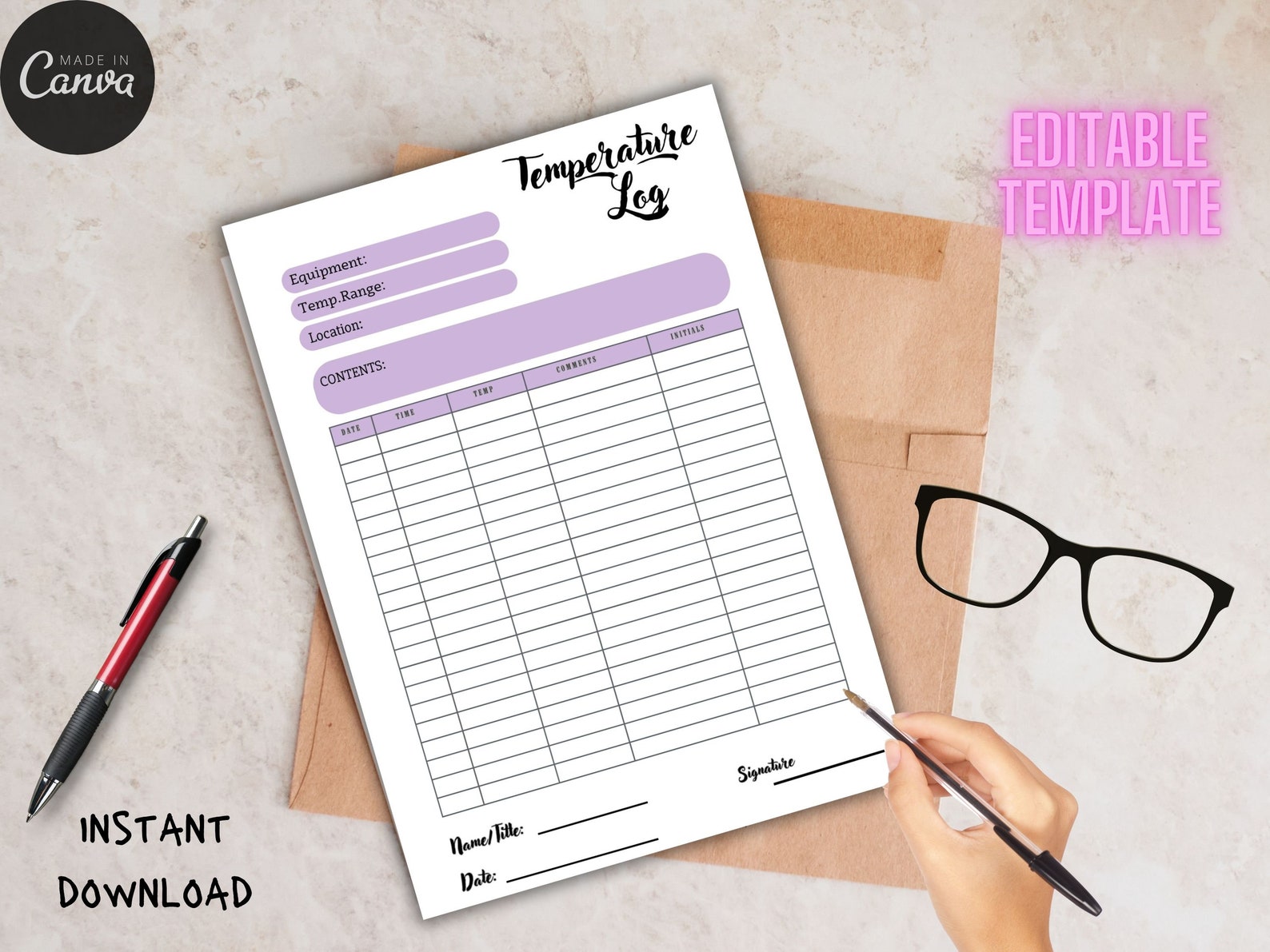 Temperature Log Printable PDF Temperature Tracker Printable Editable ...