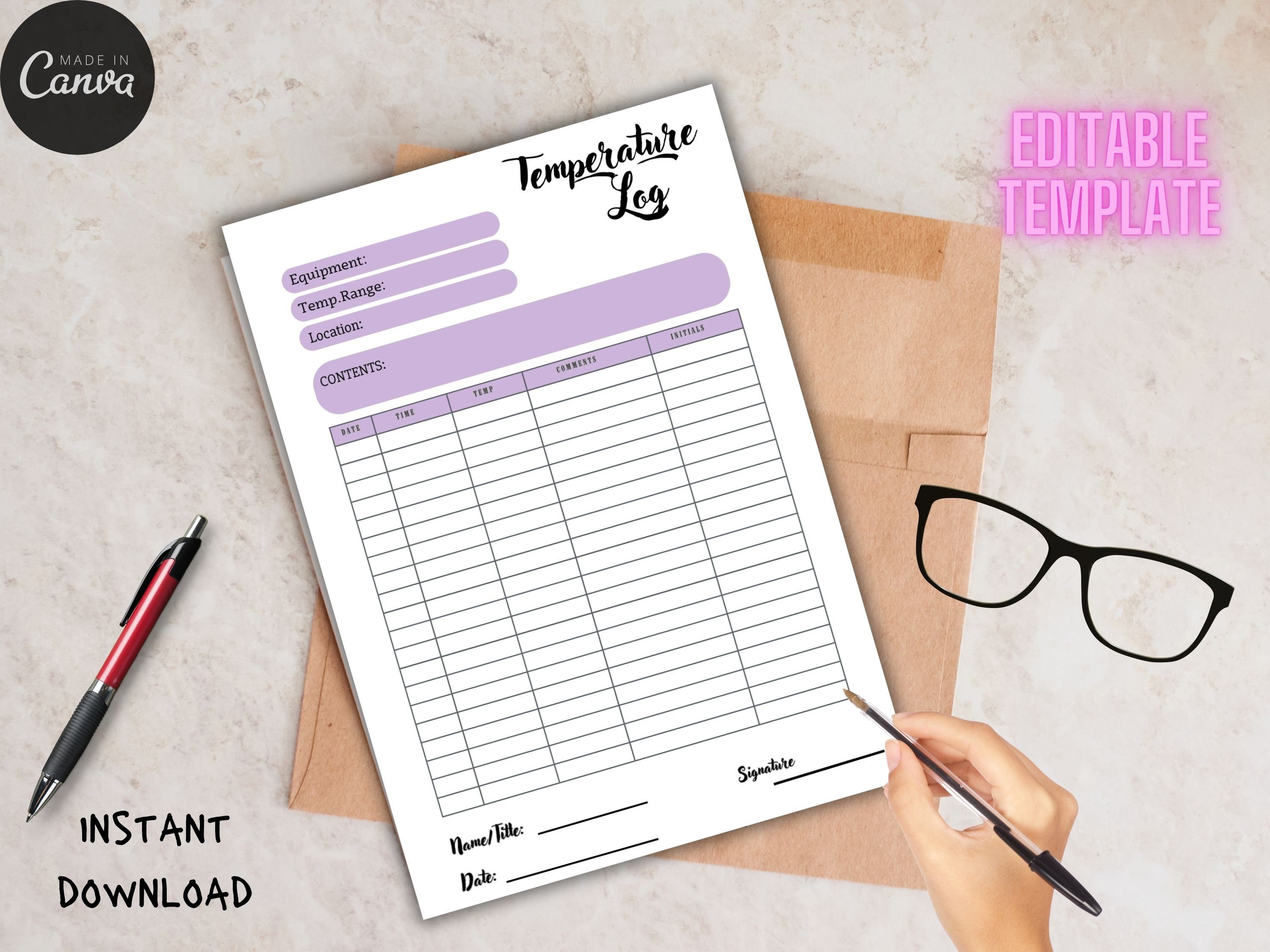 Temperature Log Printable PDF Temperature Tracker Printable Editable ...