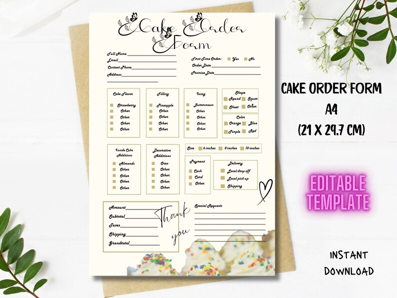 Editable Cake Order Form Template Bakery Order Form Wedding Cake Order ...