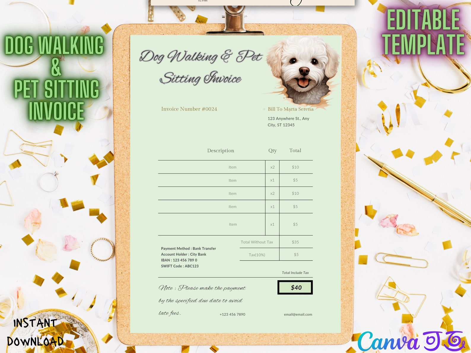 Pet Sitting Invoice Template for Dog Walking Pet Care Dog Grooming and ...