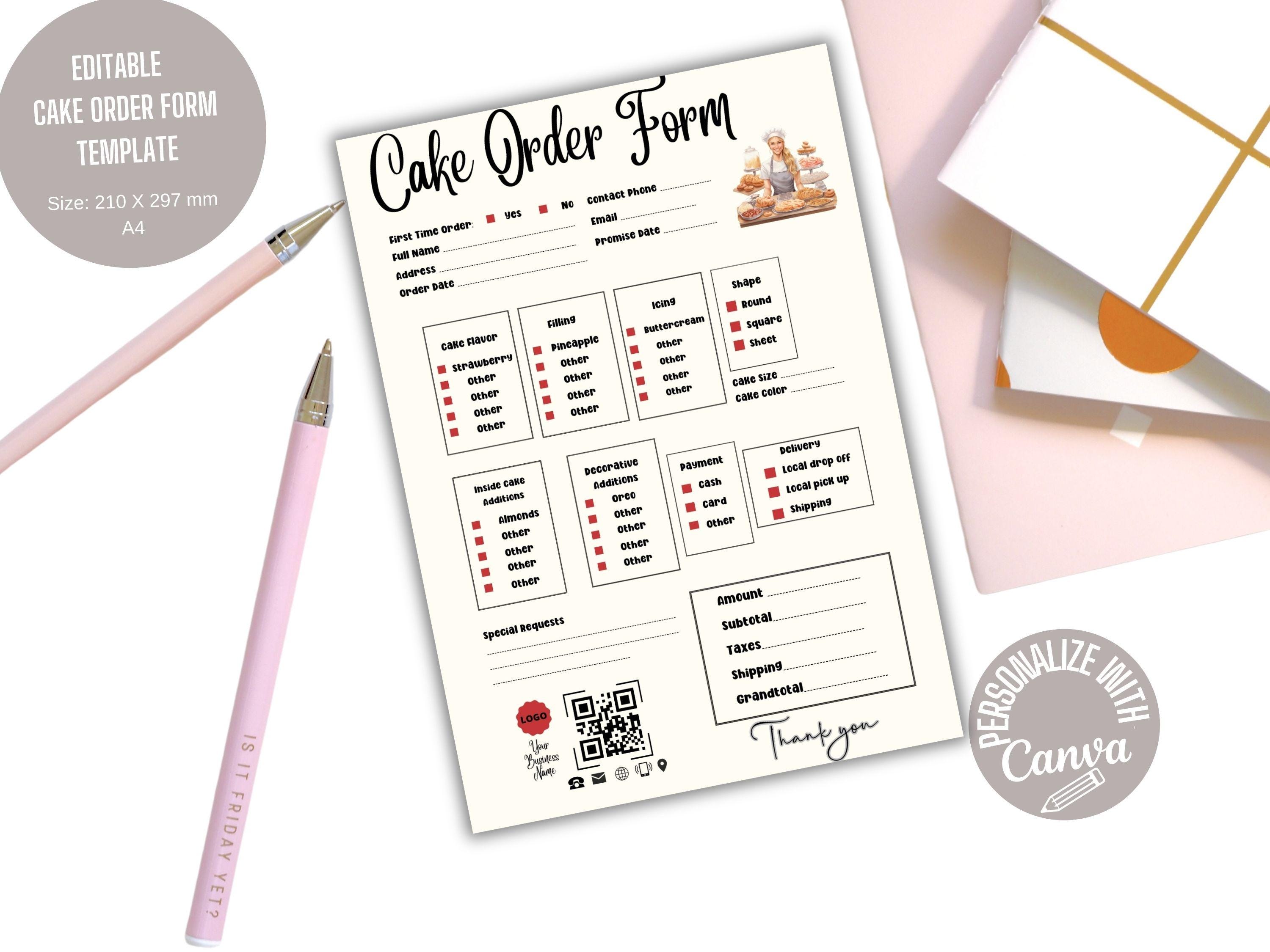 Editable CAKE ORDER FORM, Printable Cake Order Form Template, Baking ...