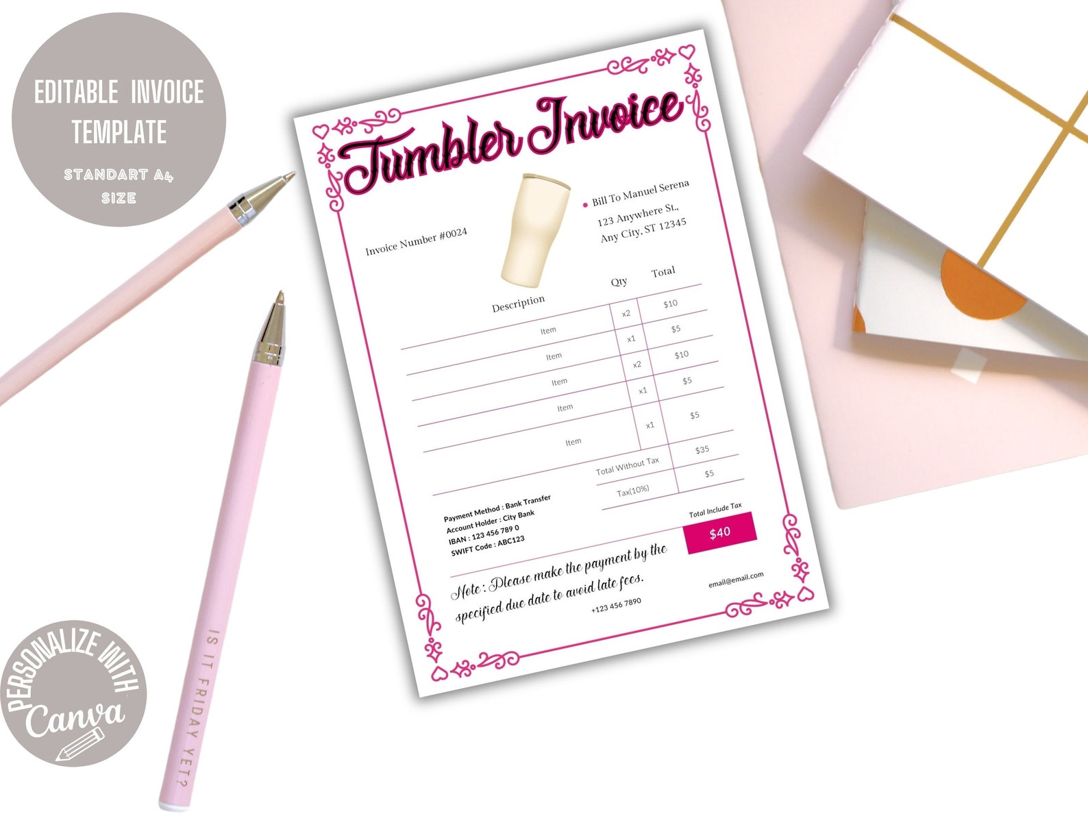 Editable Tumbler Invoice Template Editable Cup Invoice Sublimation ...