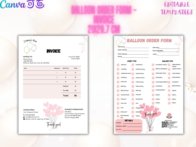 Editable Balloon Order Form Balloon Invoice 2 Different Size Balloon ...