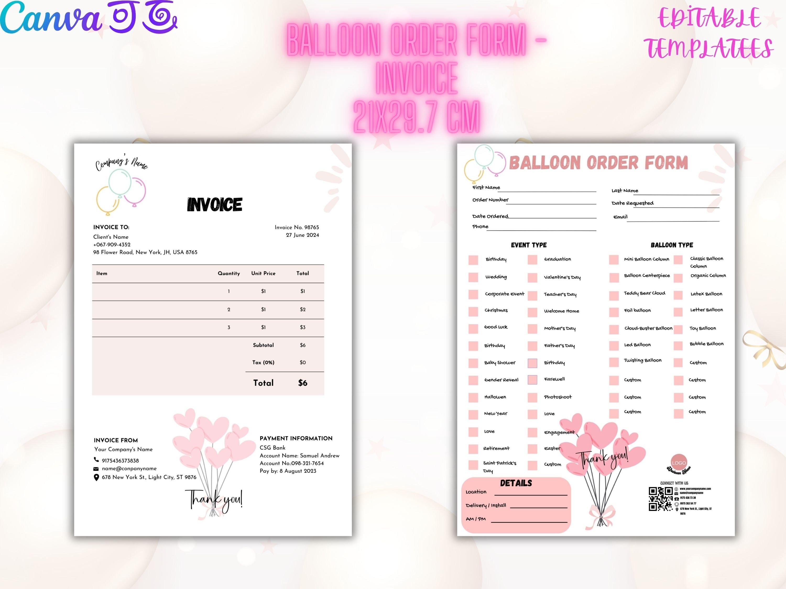 Editable Balloon Order Form Balloon Invoice 2 Different Size Balloon ...