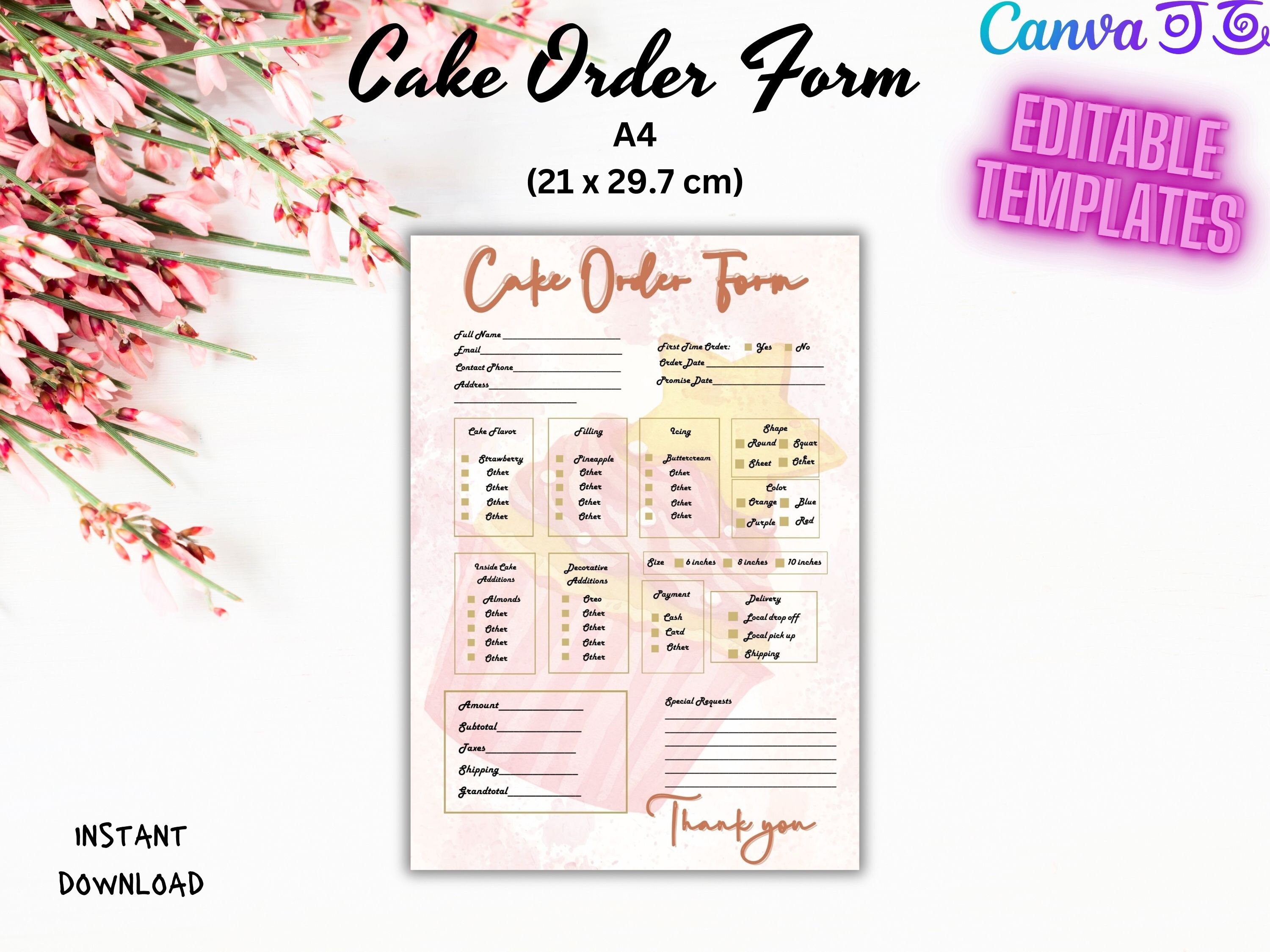 Editable Cake Order Form Template Bakery Order Form Cookie Order Form ...