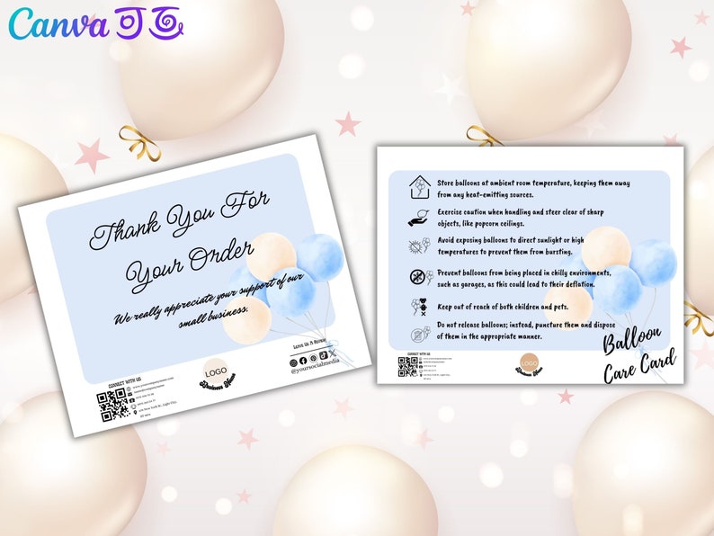 Editable Balloon Care Card Thank You Card Balloon Safety Instructions Balloons Warning Card Air ...