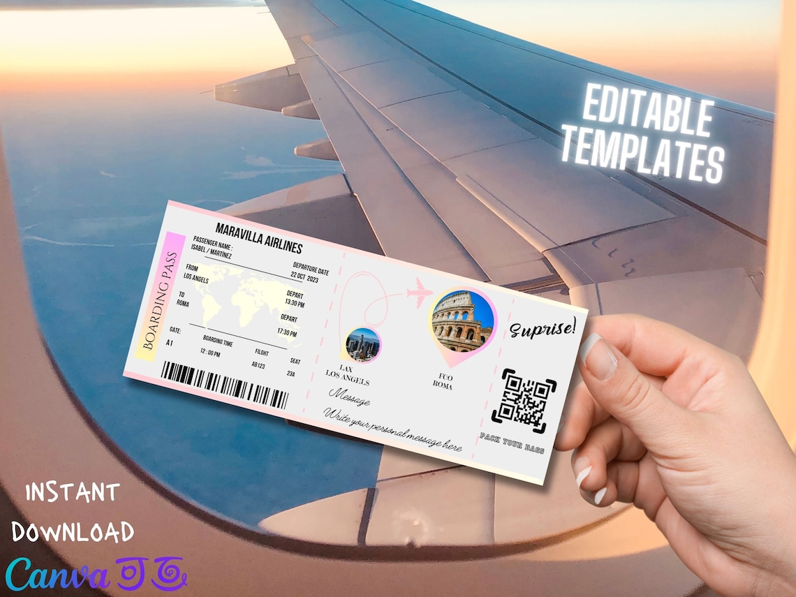 Editable Boarding Pass Template Canva Boarding Pass Surprise Trip ...