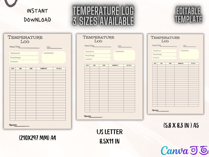 Temperature Log Printable Temperature Tracker Printable Editable Temp ...