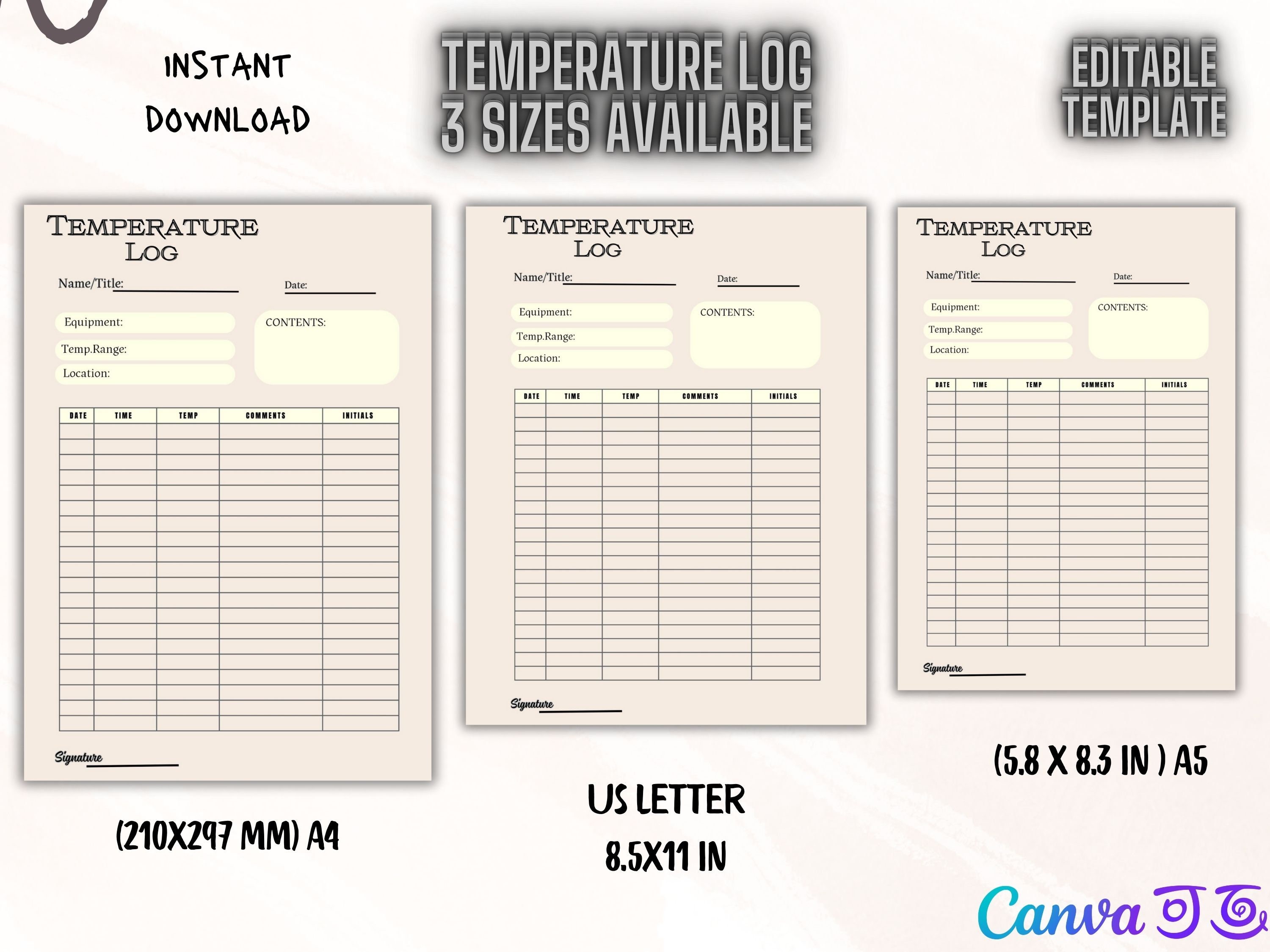Temperature Log Printable Temperature Tracker Printable Editable Temp ...