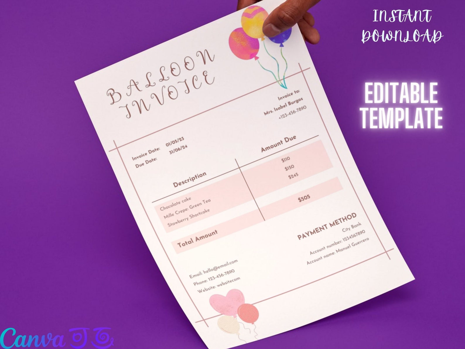 Balloon Invoice Template Receipt Template Business Template Printable ...