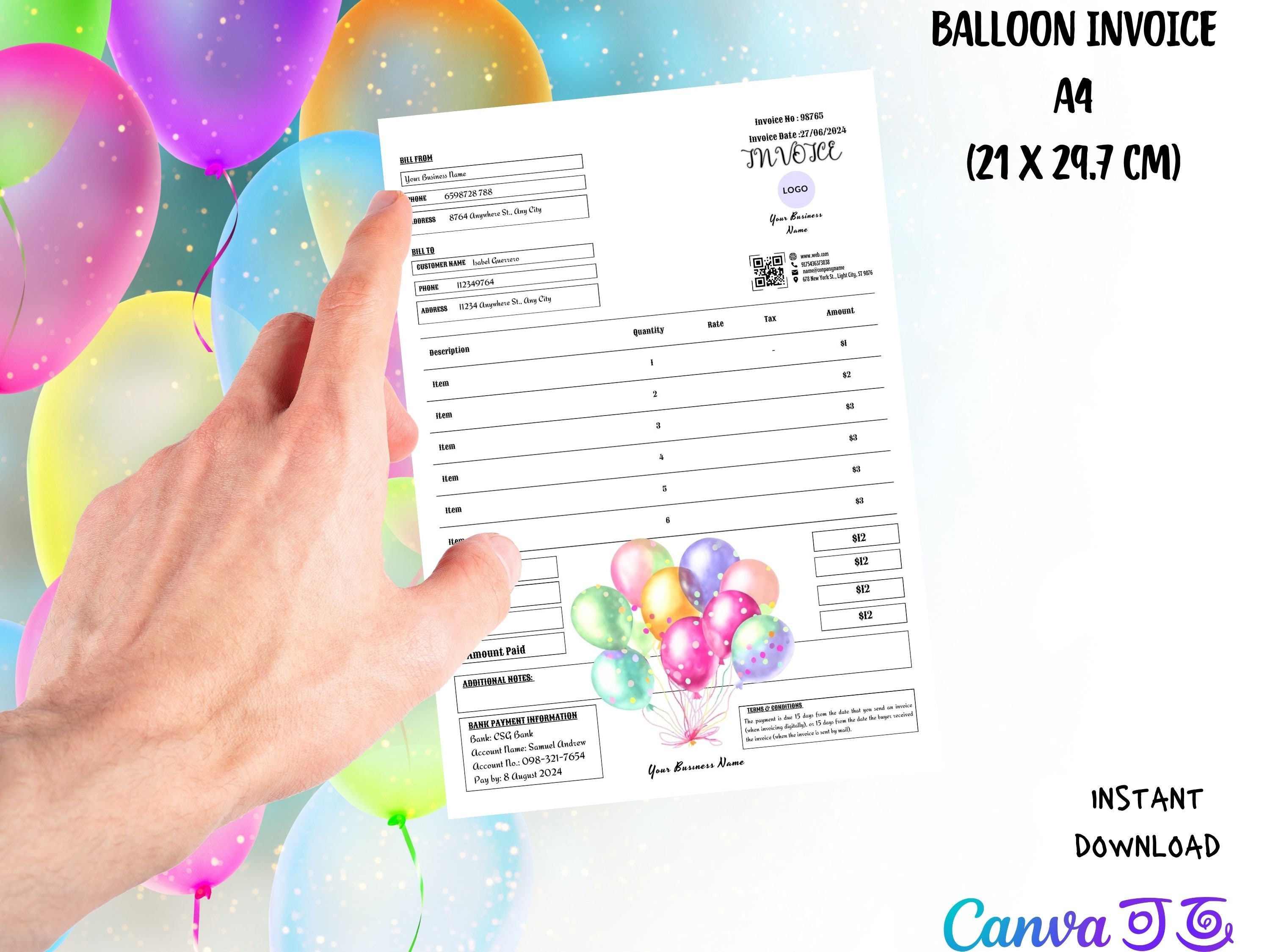 Balloon Invoice Template Receipt Template Business Template Printable ...