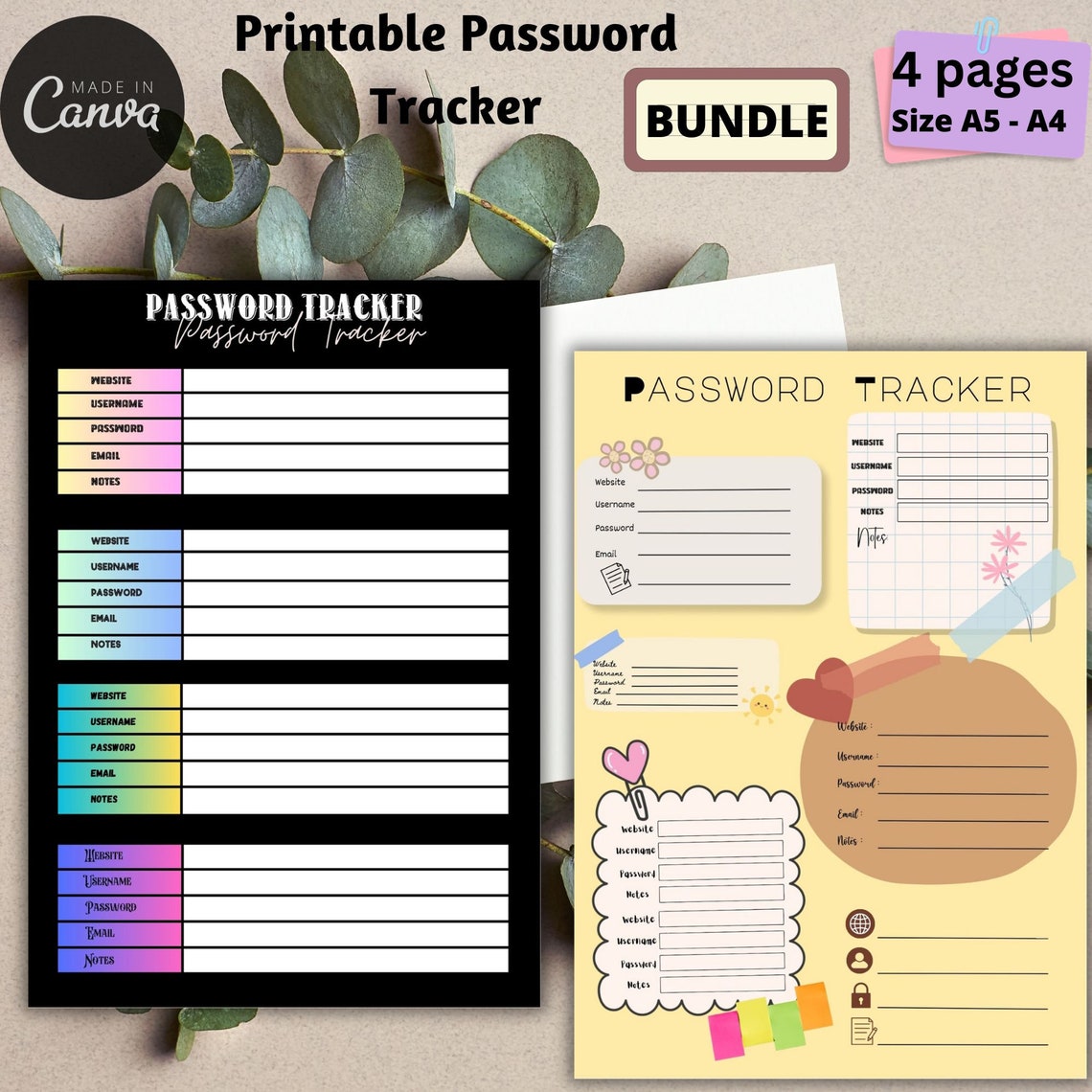 Editable Fillable Password Tracker BUNDLE, 4 Printable Password Log ...