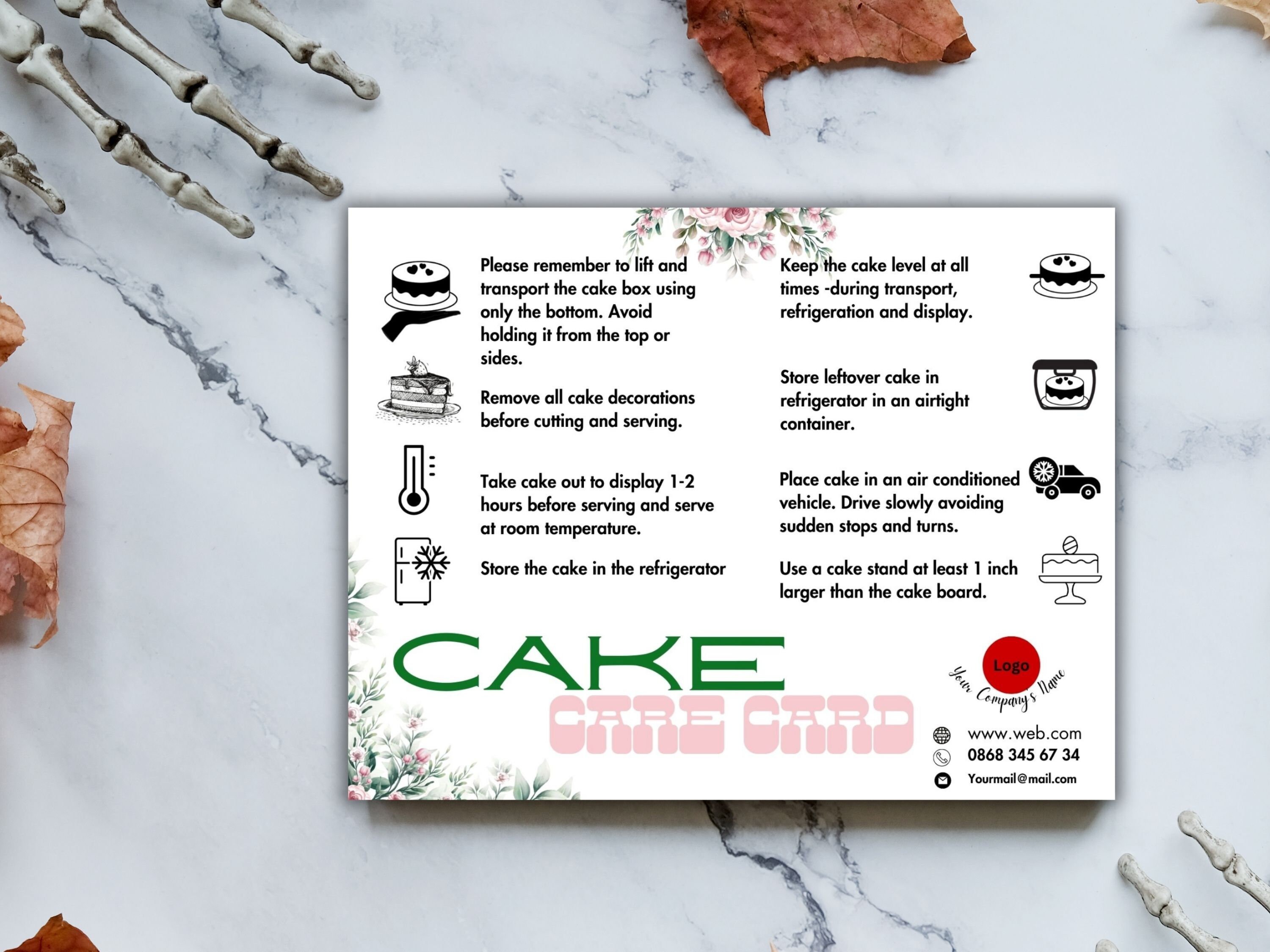 Cake Order Form Bakery Care Card Cake Care Card Cake Cutting Card Thank ...