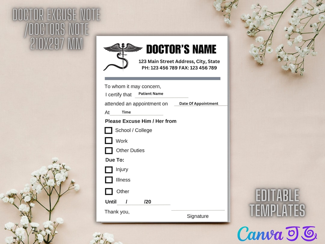 Editable Doctor Excuse Note for Work Doctor Excuse Letter Form Doctor's ...