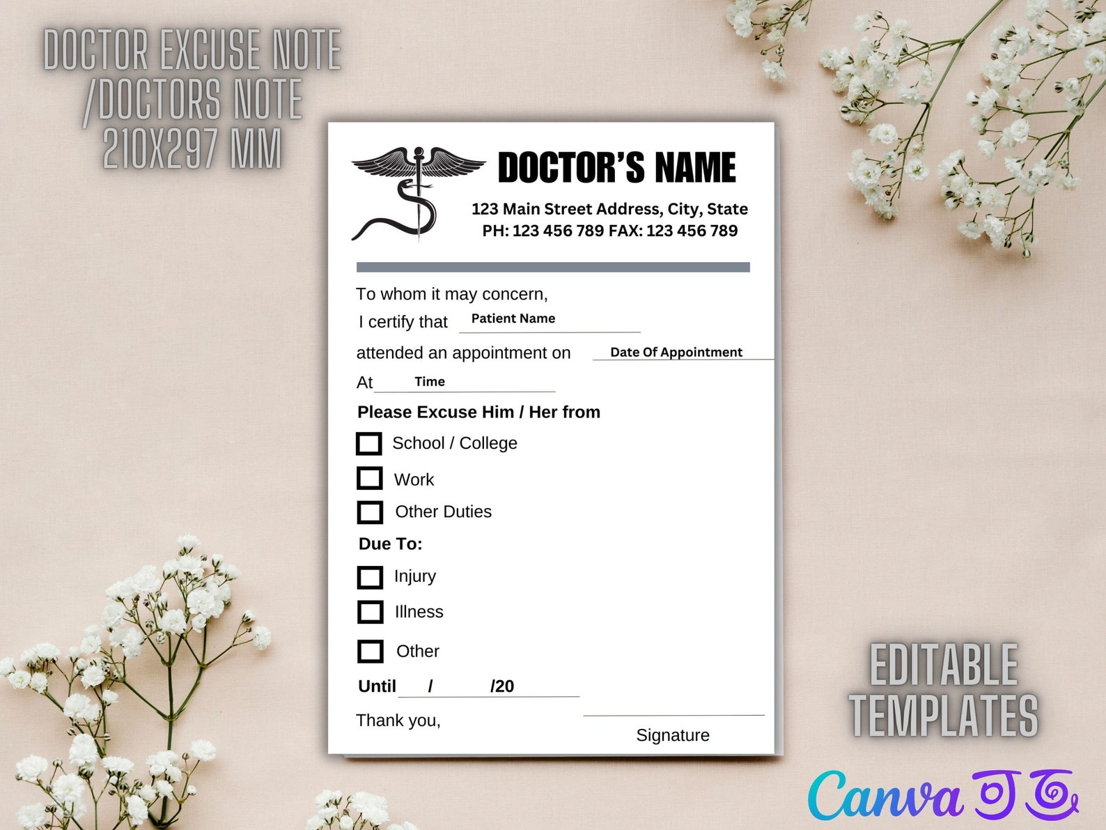 Editable Doctor Excuse Note for Work Doctor Excuse Letter Form Doctor's ...