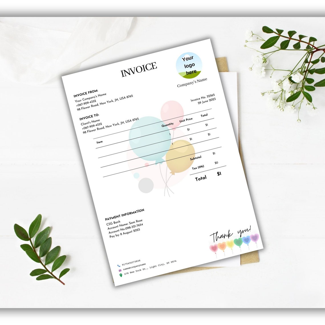 Balloon Invoice Template Receipt Template Business Template Printable ...