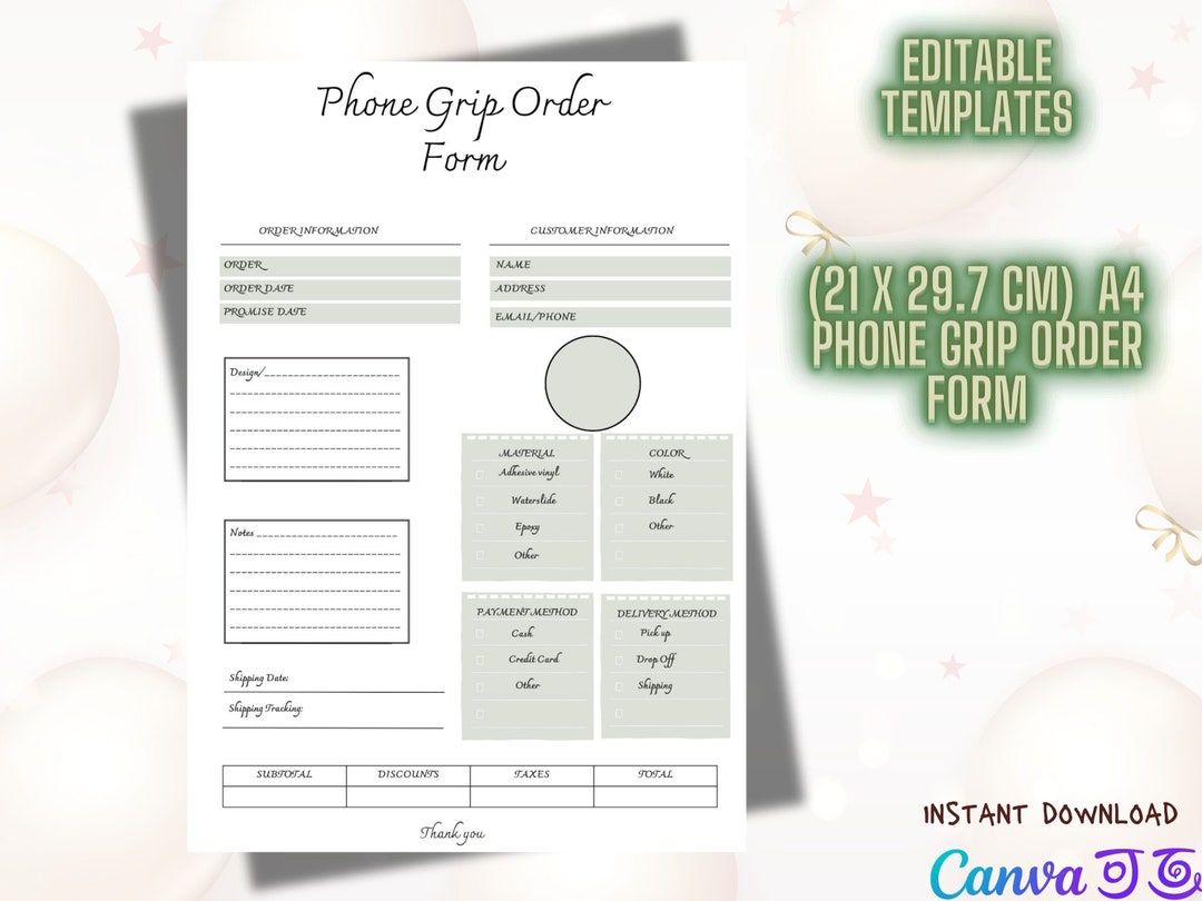 Editable Phone Grip Order Form Template Printable Phone Grip Order Form ...